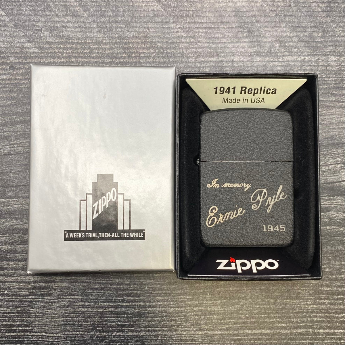 Zippo Lighter - Ernie Pyle Tribute - Black Crackle® - Riley's 66 LLC