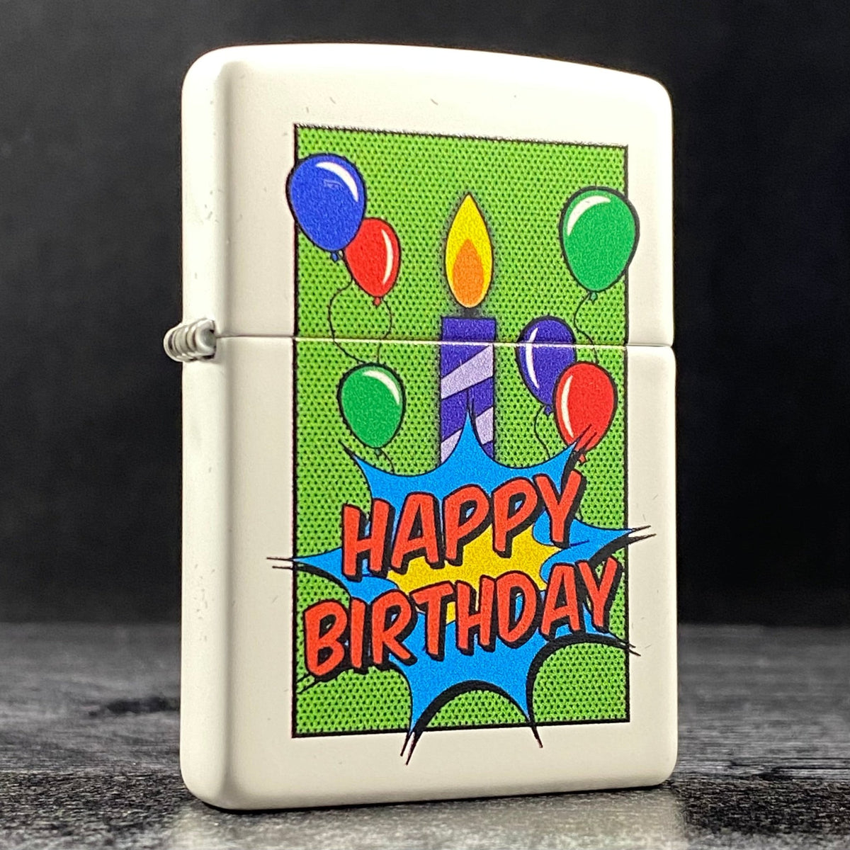 Happy Birthday Zippo Lighter - White Matte - Riley's 66 LLC